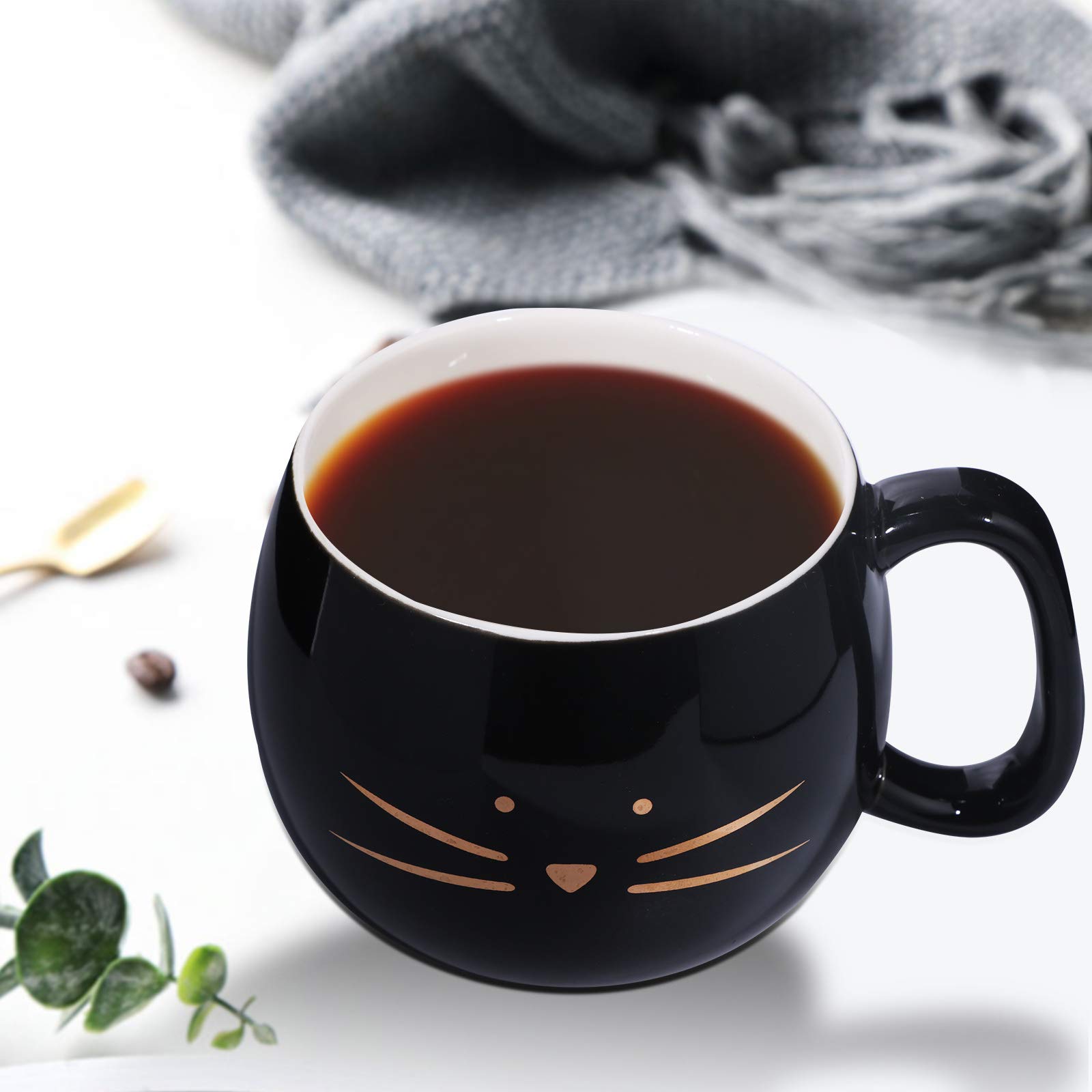 Koolkatkoo Cute Cat Coffee Mug with Cell Phone Holder Lid for Cat Lover Unique Ceramic Tea Mugs with Gold Cat Porcelain Cup Gift for Women Black