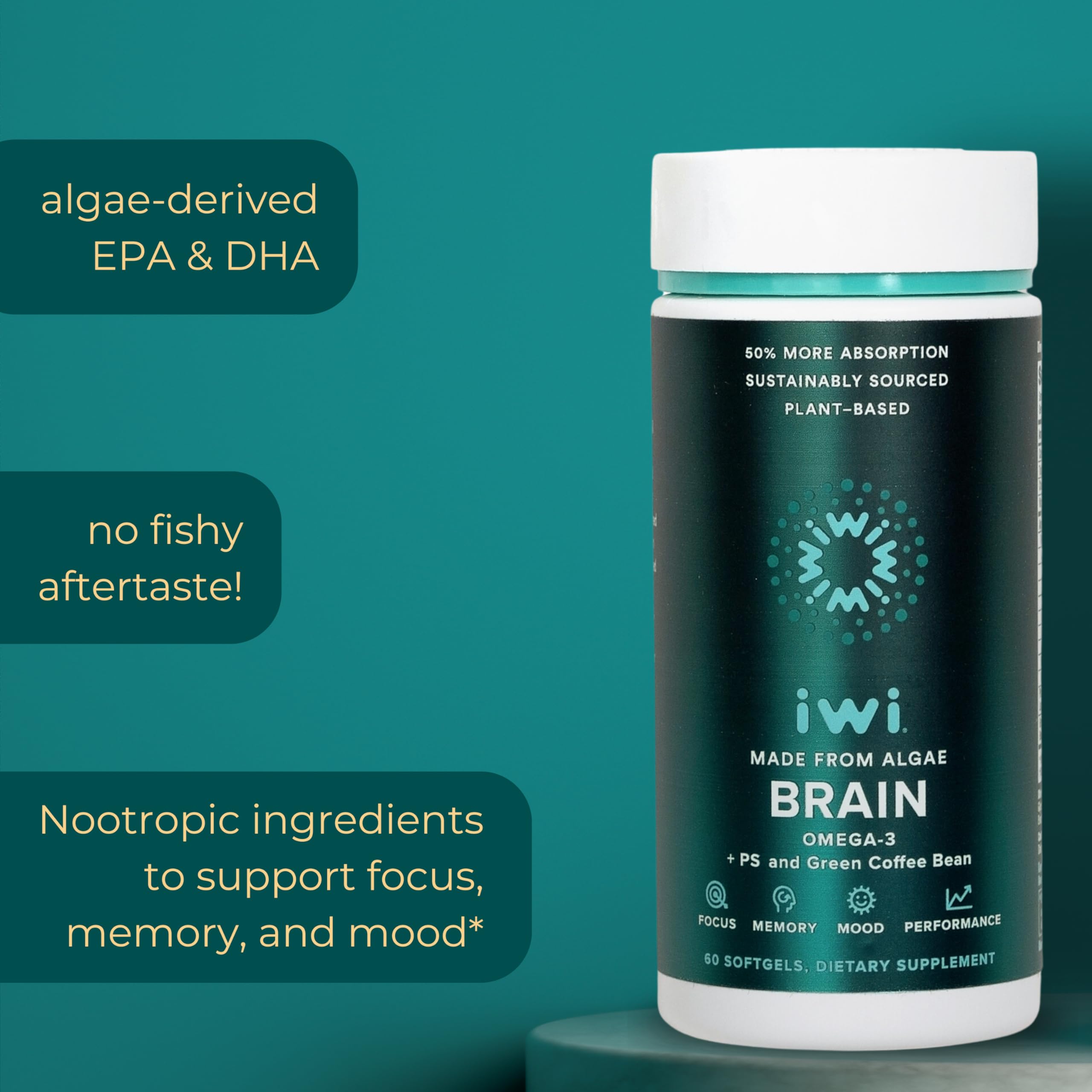 iwi life Brain Omega-3, 120 Softgels (60 Servings), Vegan Plant-Based Algae Omega-3 with EPA + DHA, Focus, Memory and Mood Support Dietary Supplement, Krill & Fish Oil Alternative, No Fishy Aftertaste