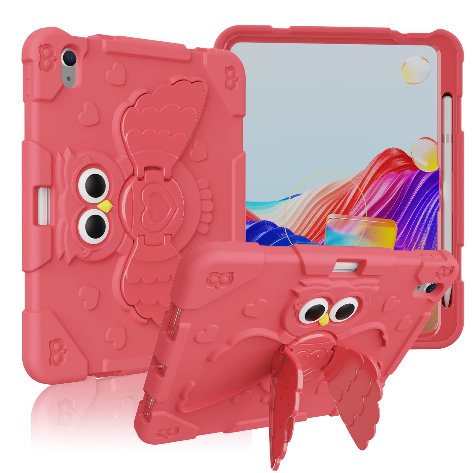 SPIUST for iPad 10th Generation Case, Built-in Cute Owl Kickstand & Pencil Holder for Kids, Heavy Duty Shockproof Rugged Three Layer Protective Cover for iPad 10.9 Inch (2022) - Rainbow