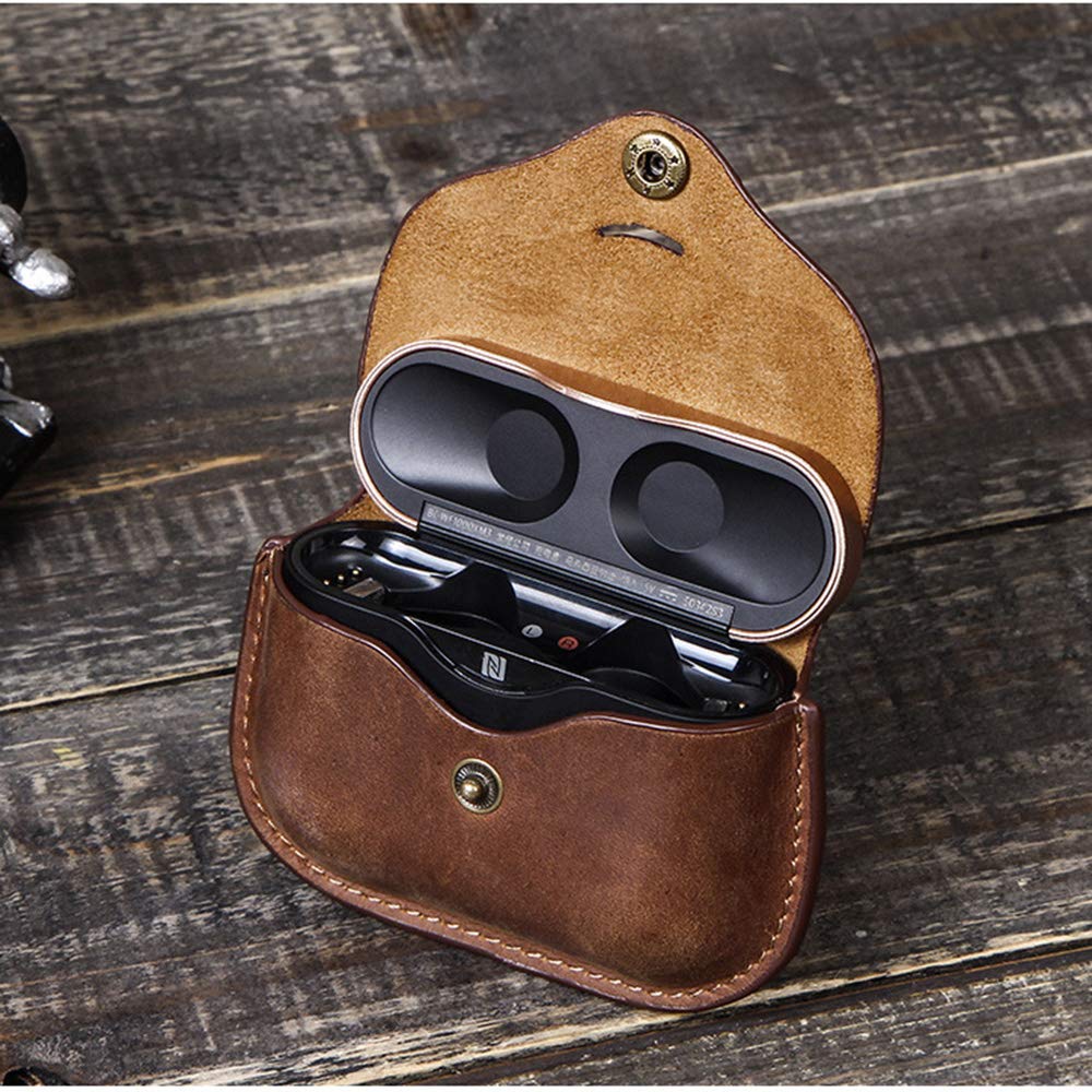 Jkhome Genuine Leather Sony Earphone Case Vintage Portable Protective Cover for Sony WF-1000XM3 with Keychain (Dark Coffee)