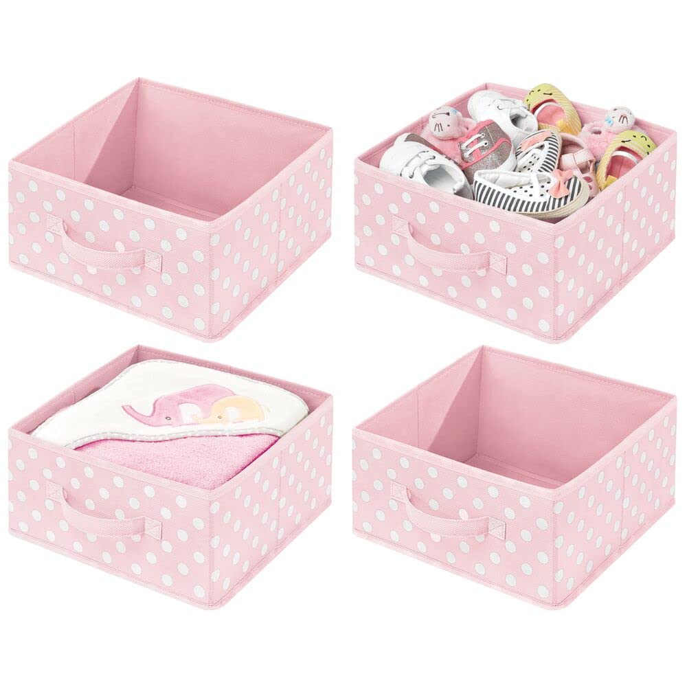 mDesign Fabric Nursery/Playroom Closet Storage Organizer Bin Box with Front Handle for Cube Furniture Shelving Units - Holds Toys, Clothes, Diapers, Bibs, 4 Pack, Pink/White Polka Dot