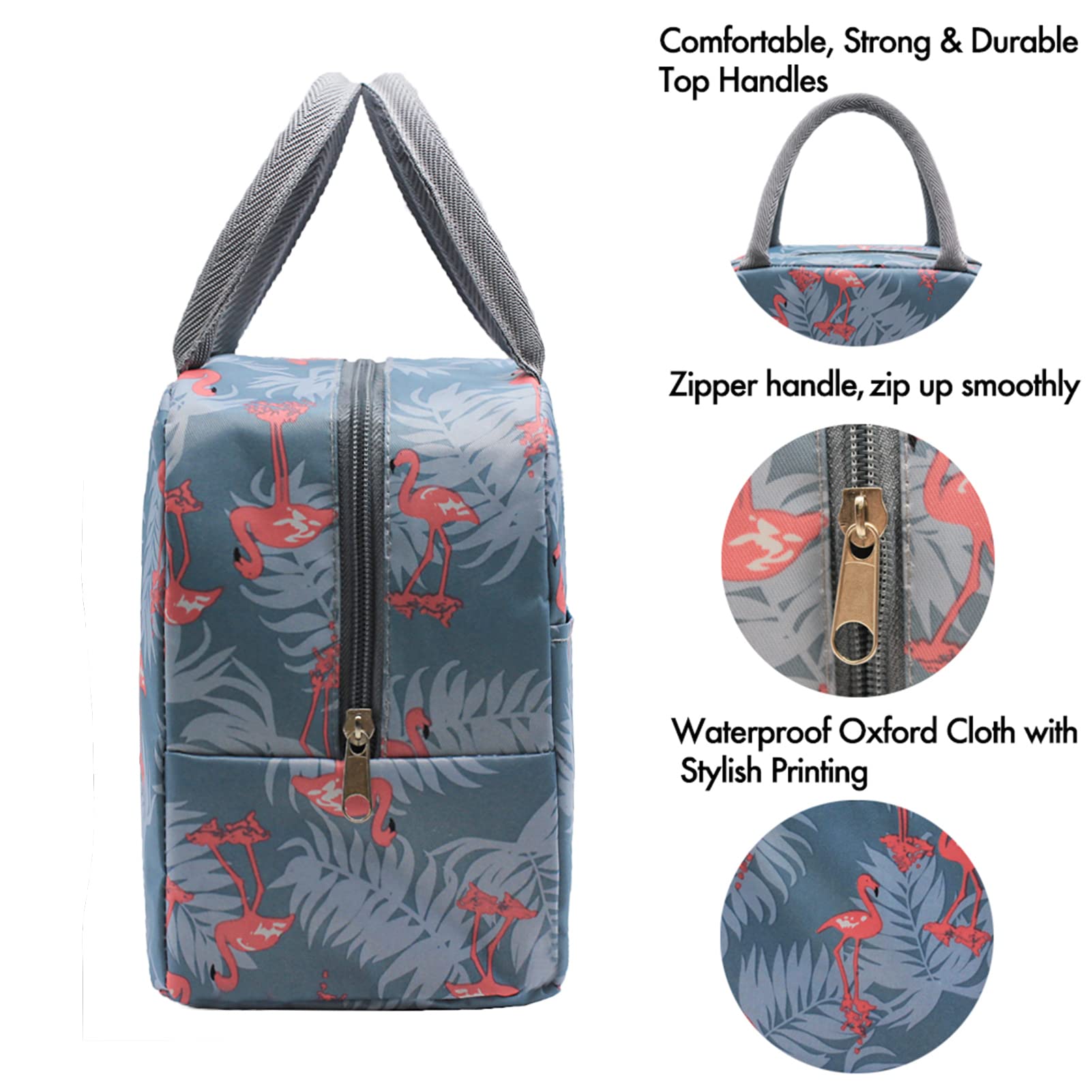 Mziart Insulated Lunch Bag for Women Men, Reusable Lunch Tote Lunch Box Organizer Cooler Bag with Front Pocket for Work Travel Picnic (Cute Flamingo)