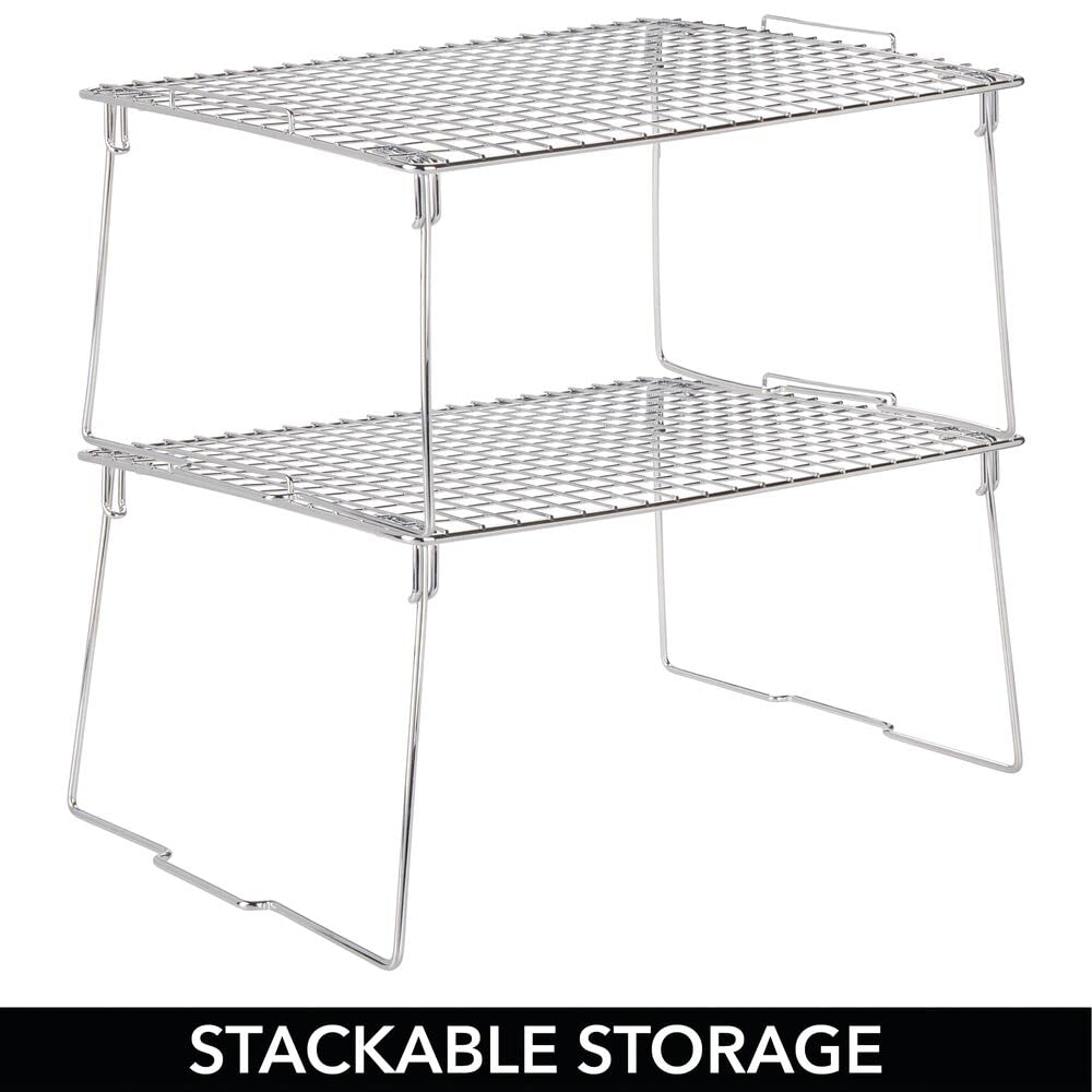 mDesign Farmhouse Metal Stackable Storage Shelf - Closet, Cabinet, Countertop 2-Tier Raised Organizer - for Bedrooms, Bathrooms, Entryways, Hallways, 4 Pack - Chrome