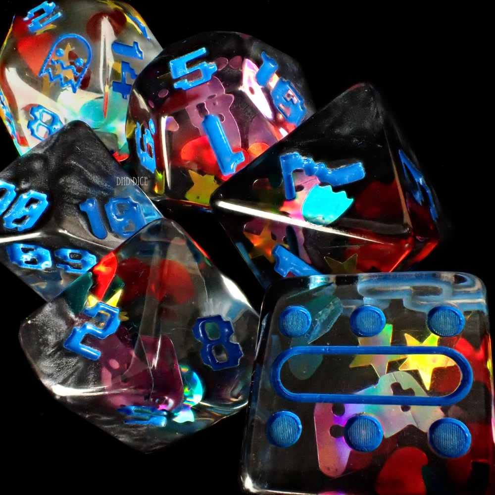 Retro Arcade - Video Game 11 Dice Set with Unique Pixel Font and Collectors Chip