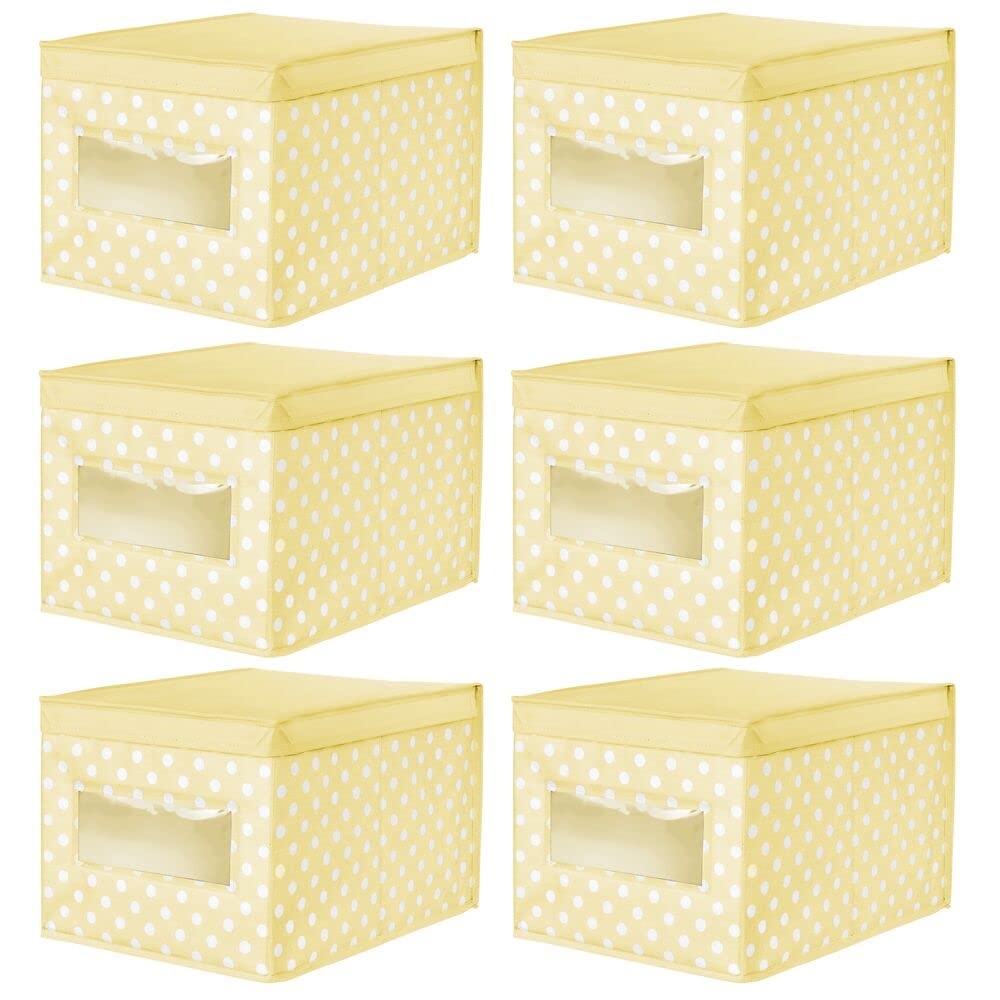 mDesign Large Soft Stackable Fabric Baby Nursery Storage Organizer Holder Bin Box with Front Window/Lid for Child/Kids Bedroom, Playroom, Classroom, Lido Collection, 6 Pack, Lt Yellow/White Polka Dot