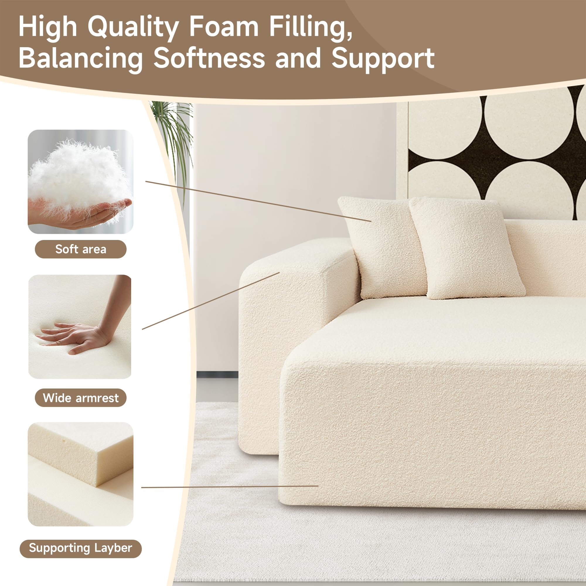 VASOENY 105.5 X 60.2'' L Shaped Sectional Sofa, Sherpa Fabric L Shaped Couch, 3 Seat Corner Sofa Couch, Modern Upholstered Couch with 4 Pillow Left Hand Lounge for Living Room, Office