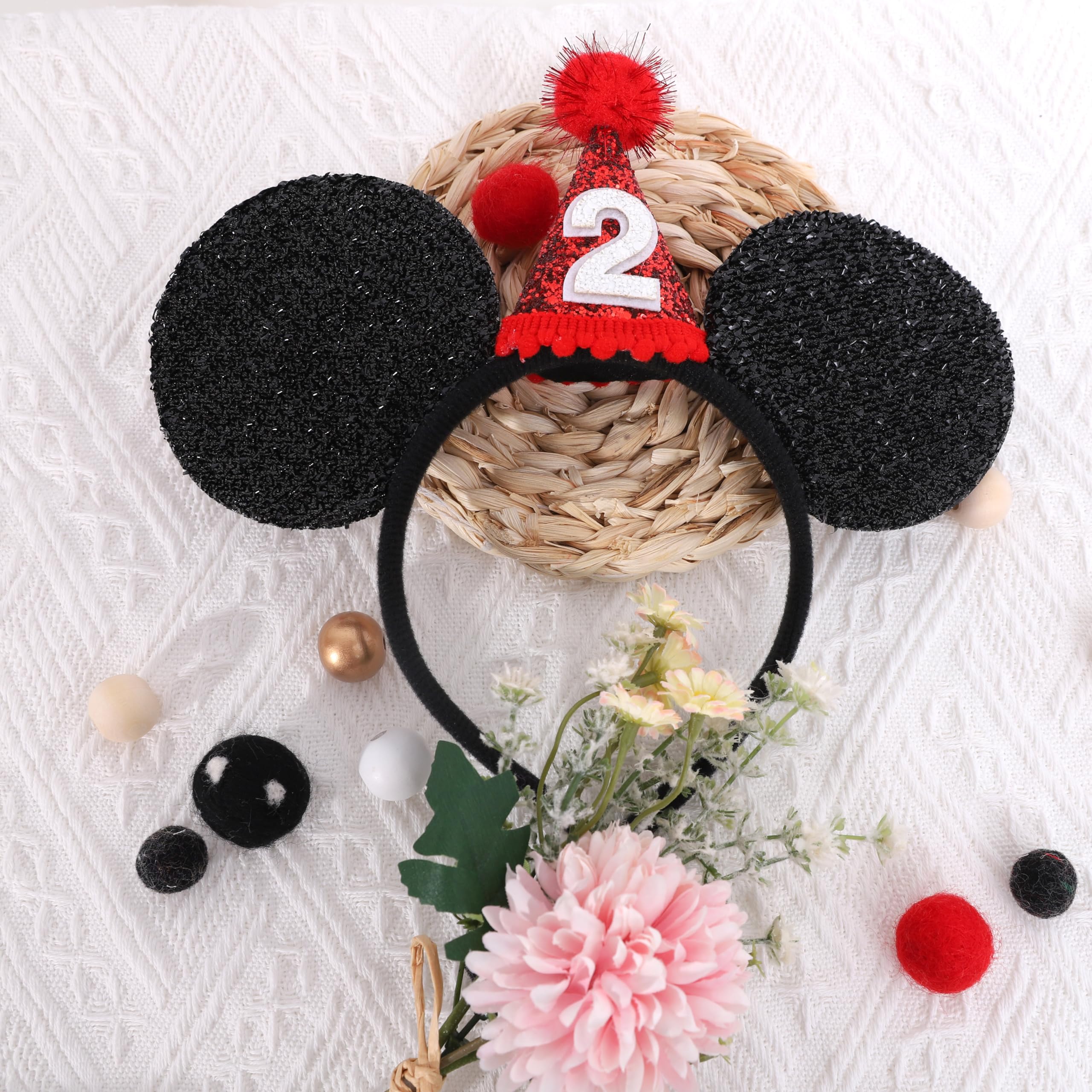 VAVAYAO Mouse Ears Birthday Party Decorations - 2nd Birthday Headband With Mini Hat and Photo Props