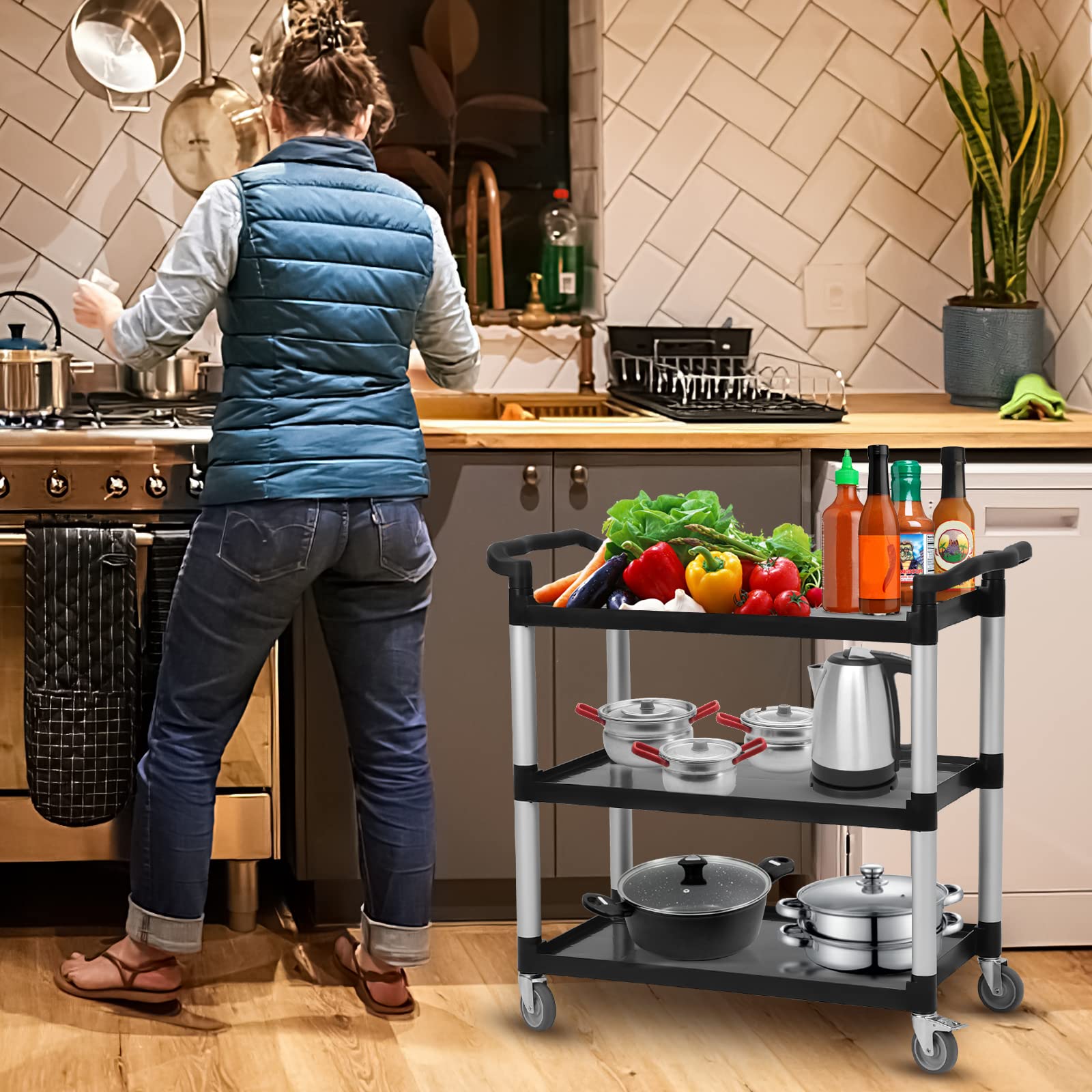Service Cart Heavy Duty 3-Shelf Rolling Utility/Push Cart with Lockable Wheels, 360 lbs. Capacity, Black, for Foodservice/Restaurant/Cleaning