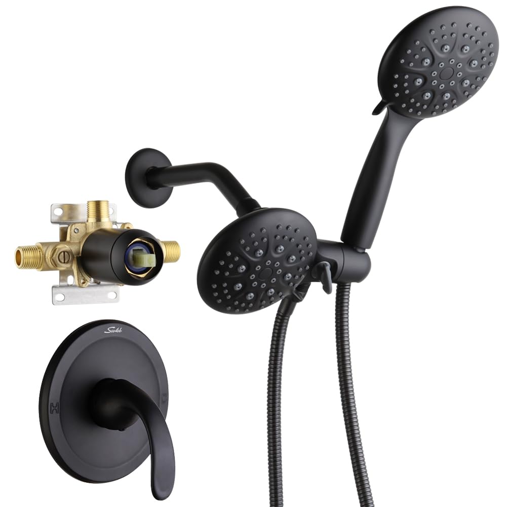 SWKB Shower Faucet Set Brushed Nickel Bathroom Rain Mixer Dual Shower Head System Wall Mounted Shower Fixture Single Handle Shower Trim and Valve Kit