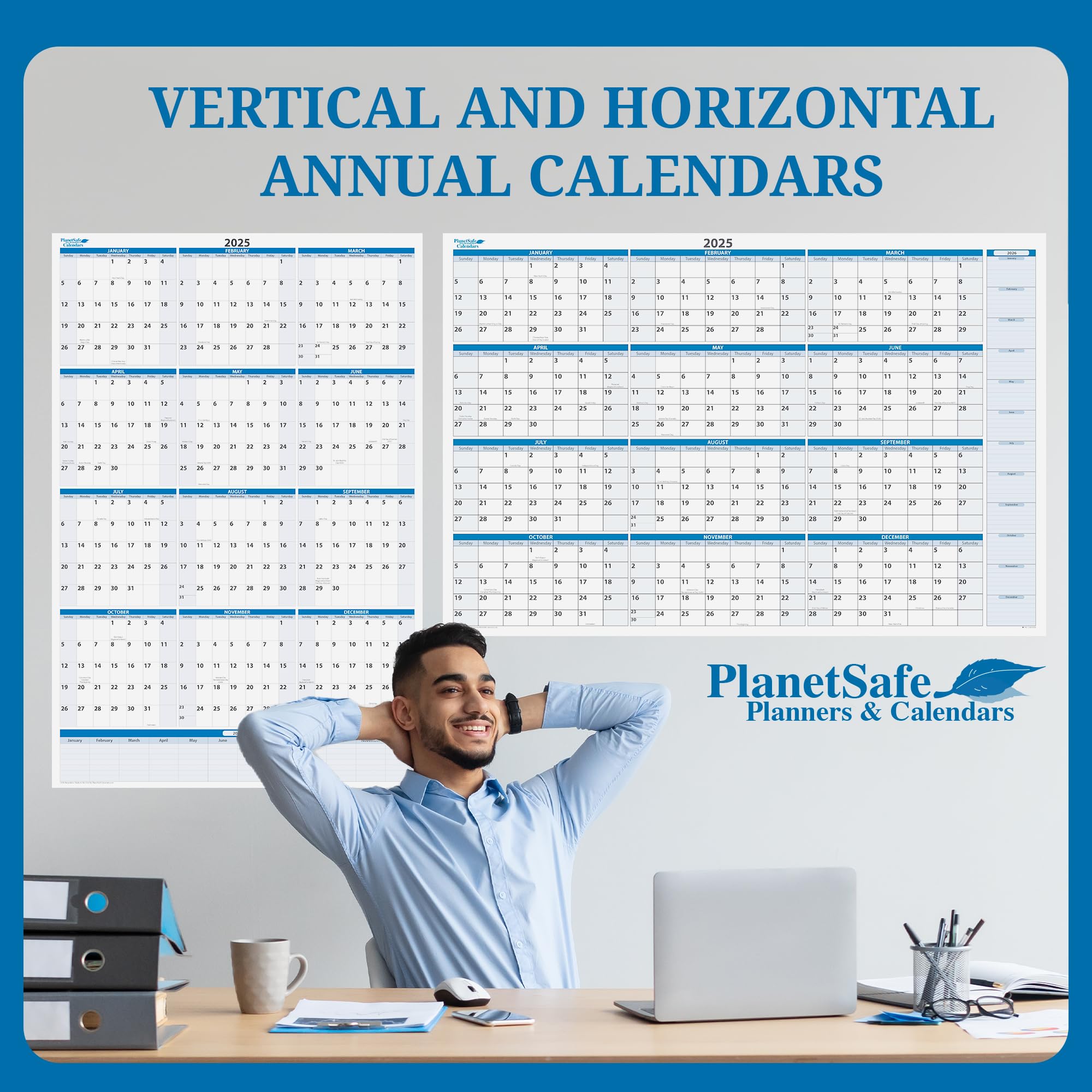 PlanetSafe Calendars 2024 Annual 12-Month Vertical Sky Blue Wet & Dry-Erasable Wall Calendar - Yearly Planner - Large Wall Calendars - Great for Home, Office, and Classroom - 48" tall x 32" wide BN