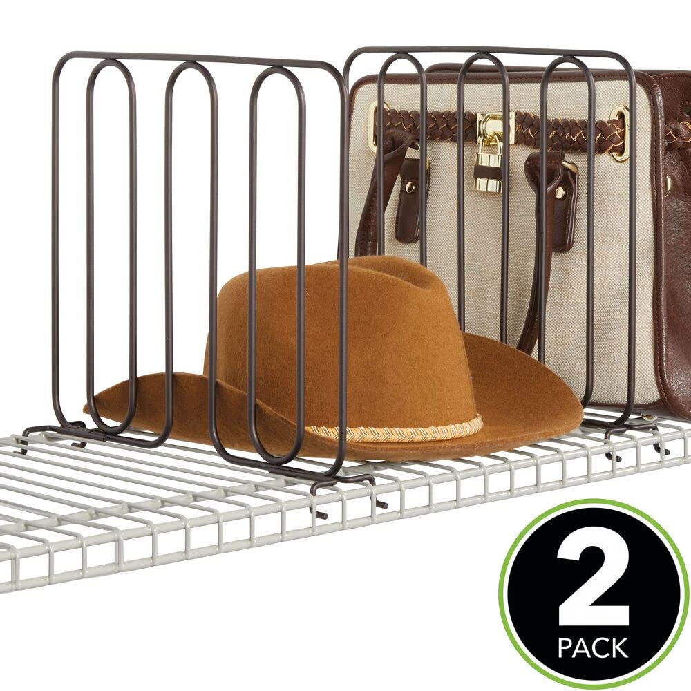 mDesign Metal Wire Shelf Dividers for Closet Organization in Bedroom, Hall Closets; Organizer for Shelves, Separators for Clothes, Sweater; Divider for Wire Shelving; Easy Install - 2 Pack - Bronze