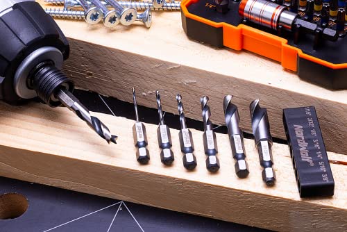 NordWolf 7-Piece HSS Brad Point Stubby Wood Drill Bit Set with 1/4" Hex Shank for Carpenter Woodworking, SAE Sizes 1/16"-3/32"-1/8"-3/16"-1/4"-5/16"-3/8"