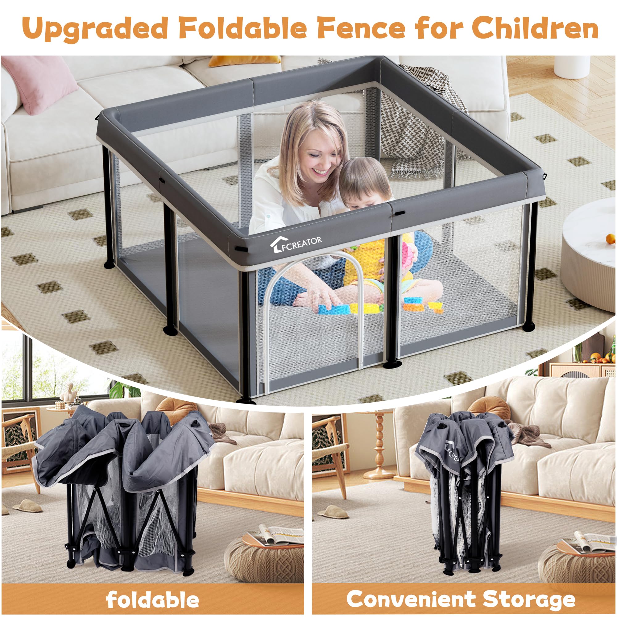 LFCREATOR Foldable Baby Playpen, Playpen for Babies and Toddlers Indoor & Outdoor,Baby Activity Center with Visible Breathable Mesh,50”×50”(Grey)
