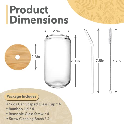 MUAZIDA Can Shaped Glass Cups with Lids and Straws, Iced coffee tumbler, Glass Cup with Bamboo Lid and Straw, Set 4pcs 16 oz Beer Glasses, Gift 2 Cleaning Brushes, Straw Case