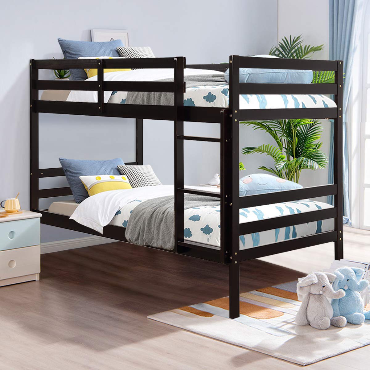 KOTEK Twin Bunk Bed, Solid Wood Twin Over Twin Bunk Bed Frame for Kids Teens, Children Bunk Beds with Ladder & High Guardrails (White)