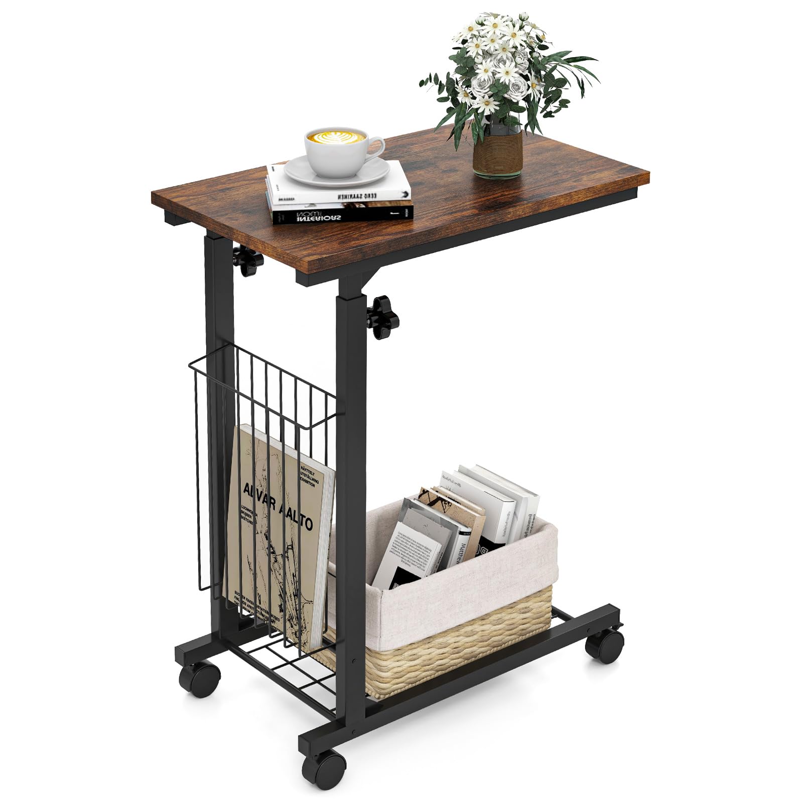 Tangkula Rolling Height Adjustable C Table, Mobile End Table with Detachable Wheels, Side Basket and Bottom Mesh Storage, Space-Saving Slide Under Sofa Table for Living Room Bedroom