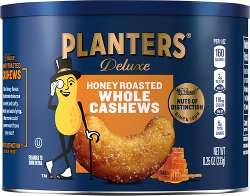 PLANTERS Deluxe Honey Roasted Whole Cashews, Sweet and Salty Snacks, 8.25oz (1 Canister)