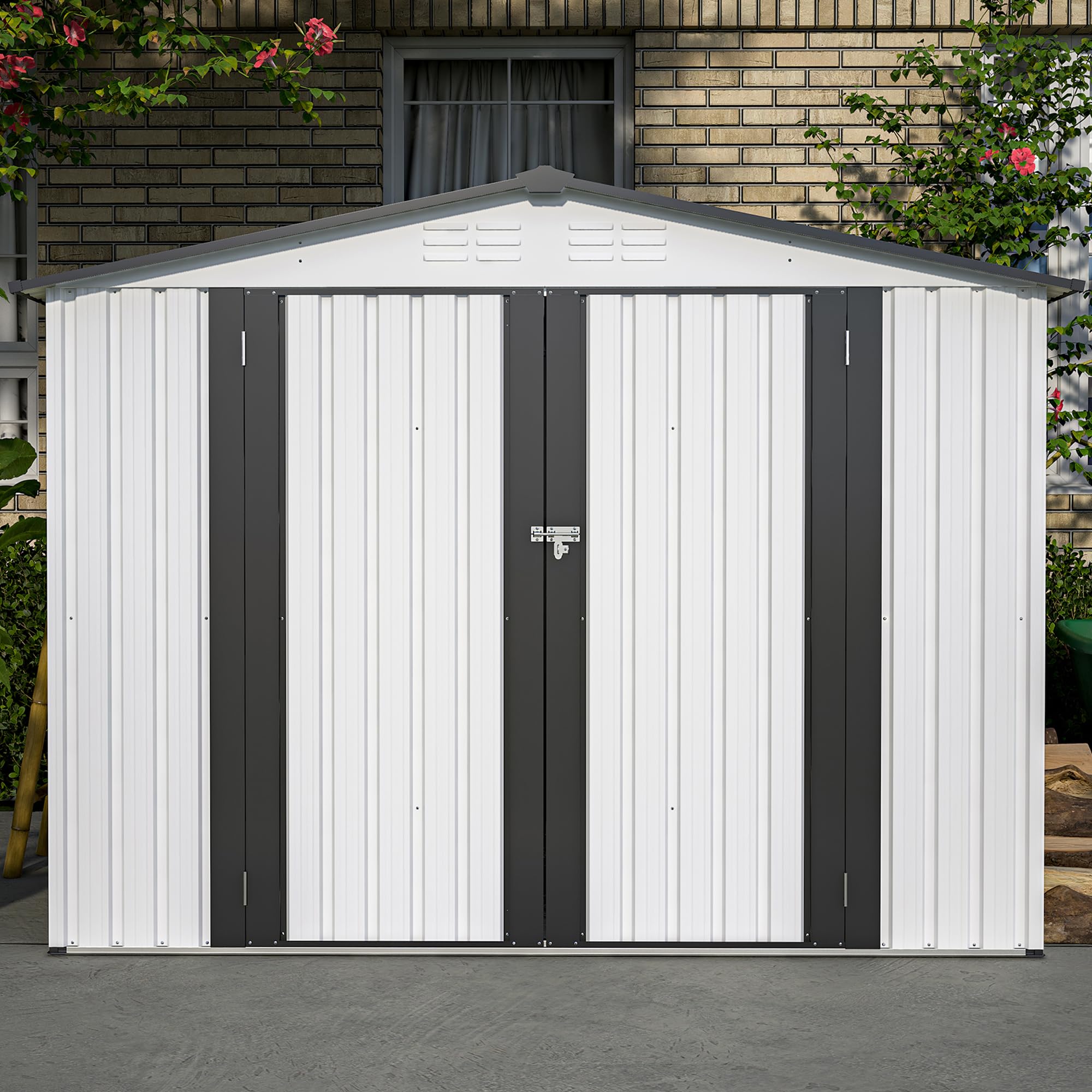 SPOWAY 8 x 6 FT Outdoor Storage Shed, Metal Storage Shed with Swinging Double Lockable Doors, Waterproof Outdoor Galvanized Steel Garden Shed for Backyard, Patio Lawn and Outside Use, White