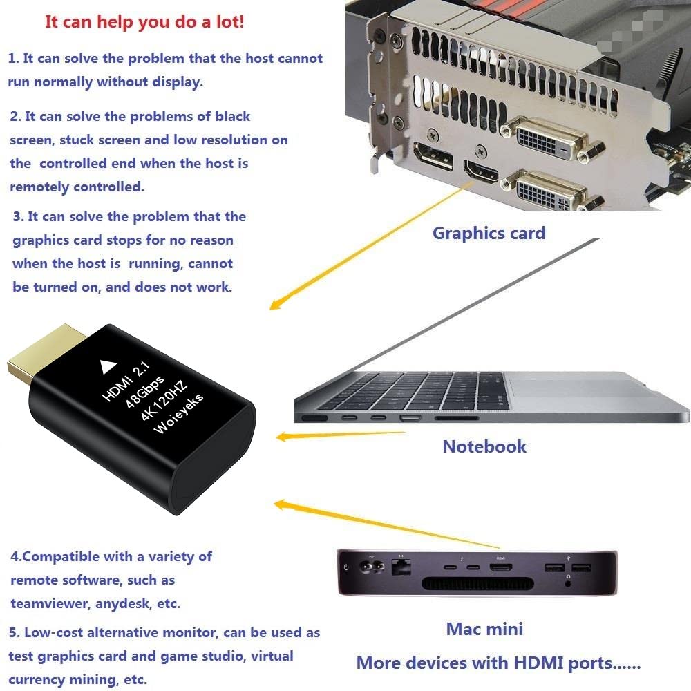 Woieyeks 4K 120Hz HDMI 2.1 Dummy Plug,Virtual Display Emulator,Headless Ghost Display Adapter Support 3840x2160@120HZ,1440@120HZ,1080P@120HZ EDID Monitor Emulator(8K not Supported)
