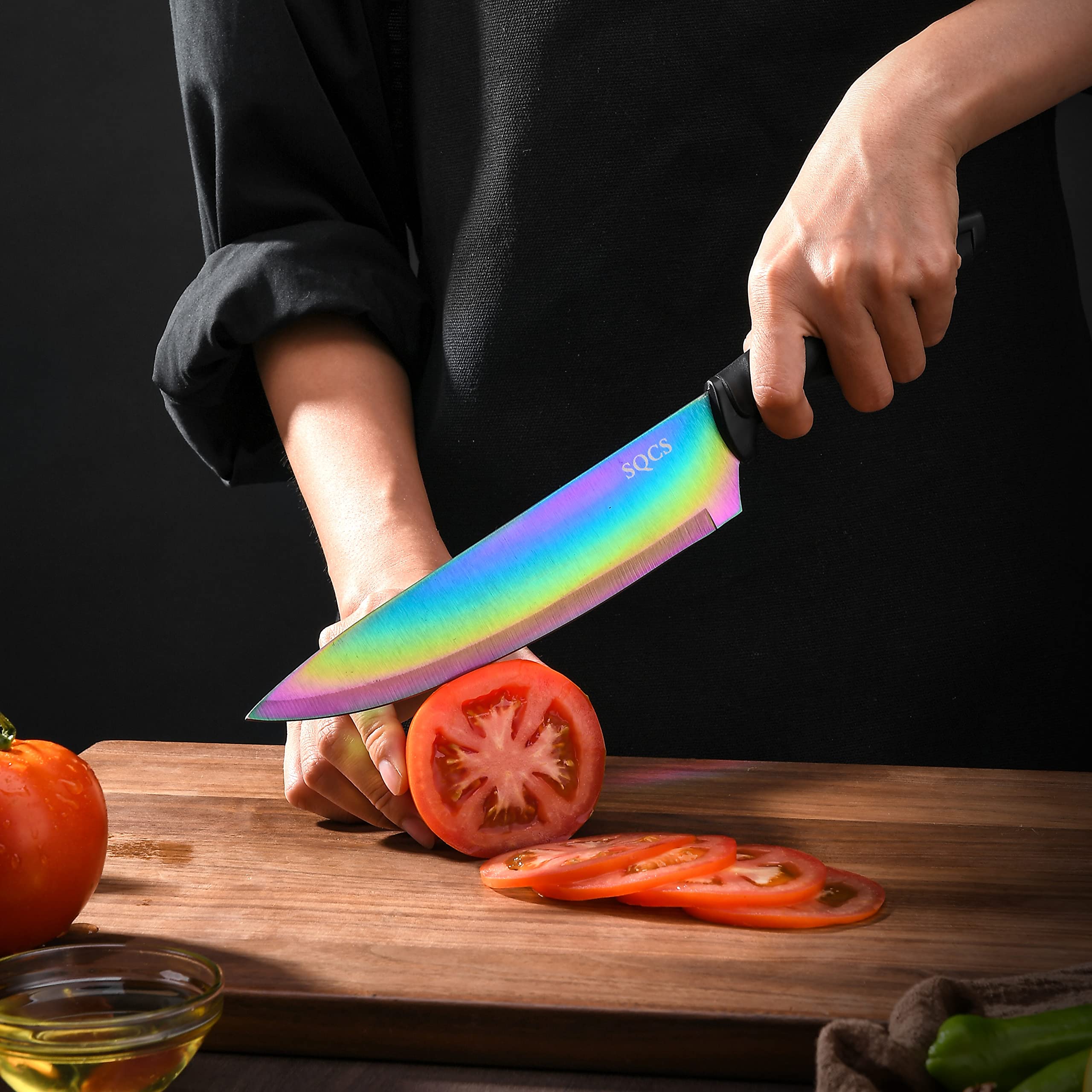 Rainbow Titanium Knife Set 17 PCS Kitchen Knives Set Sharp Cutlery Knife Sets Contain 6 Steak Knives Sharpener Clear Acrylic Stand Nonstick Chef Knife Block Set (Black Handle Rainbow Blade)
