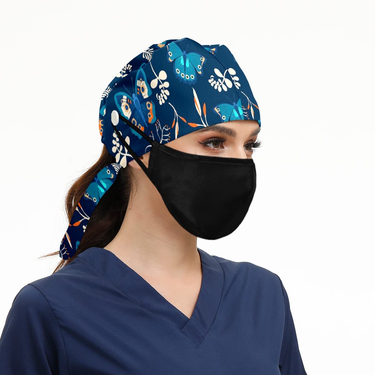 Printed Working Cap Flower Butterfly Grass Insect Plant Blue Working Cap with Button and Sweatband Adjustable Tie Back Hat for Women Men
