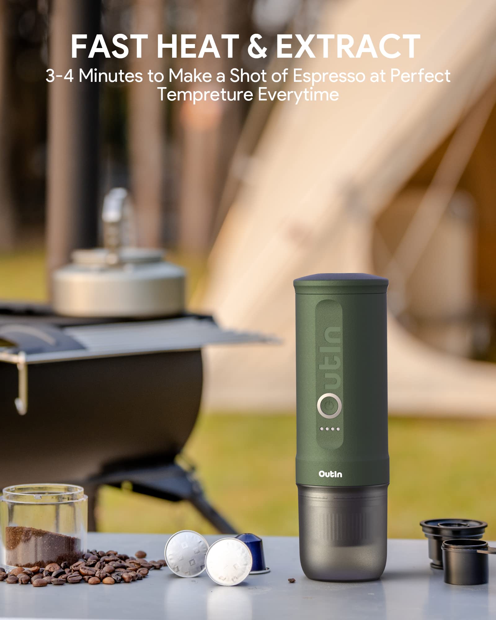 Outin Nano Portable Electric Espresso Machine with 3-4 Min Self-Heating, 20 Bar Mini Small 5V Car Coffee Maker, With NS Capsule & Ground for Camping, Travel, RV, Hiking, Office