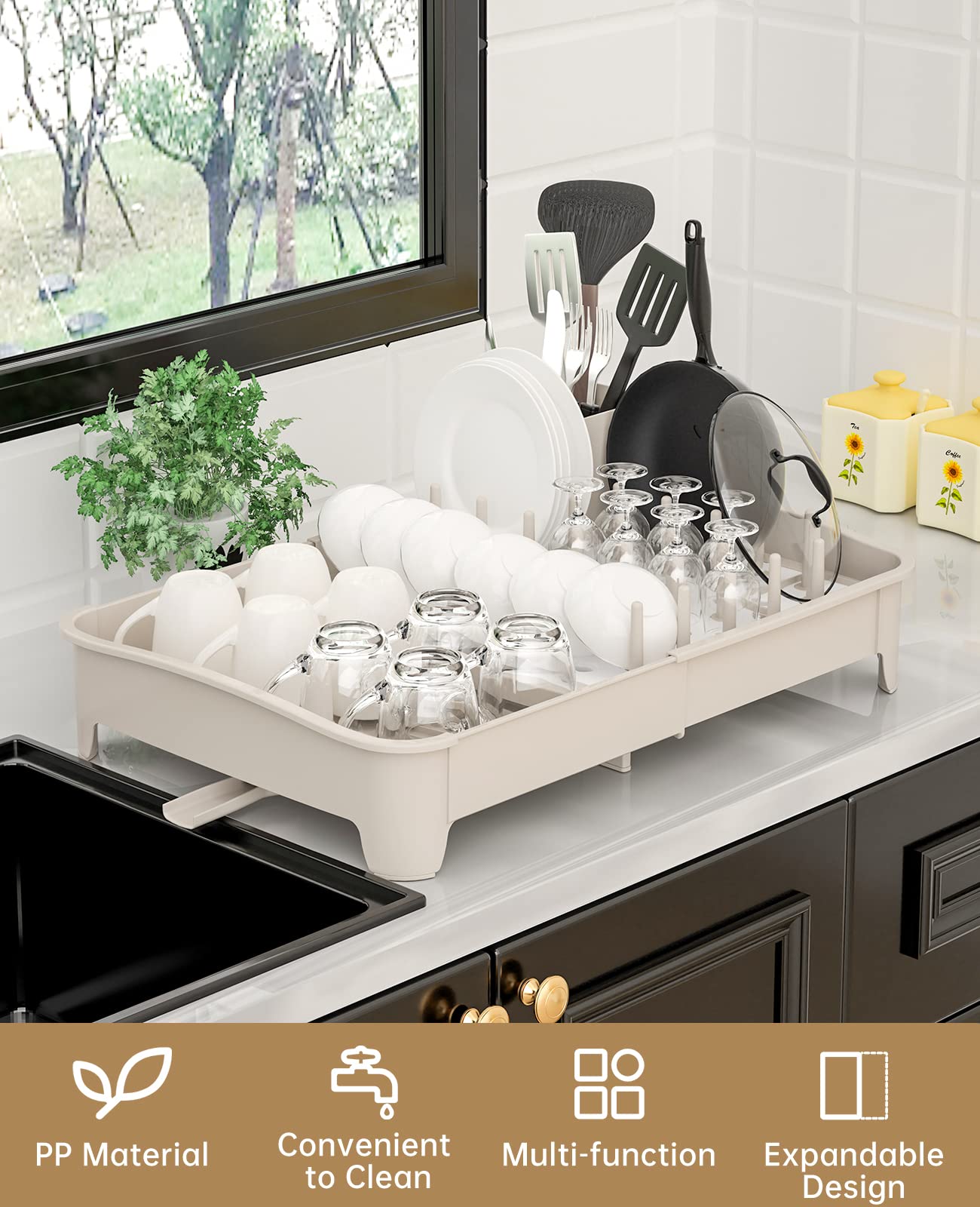 Outlet Dish Drying Rack - Large Adjustable Dish Rack Expandable Plastic Dish Drainer for Kitchen Counter with Utensil Holders, Detachable Space Saving Kitchen Organizer for Bowls Plates (Apricot)