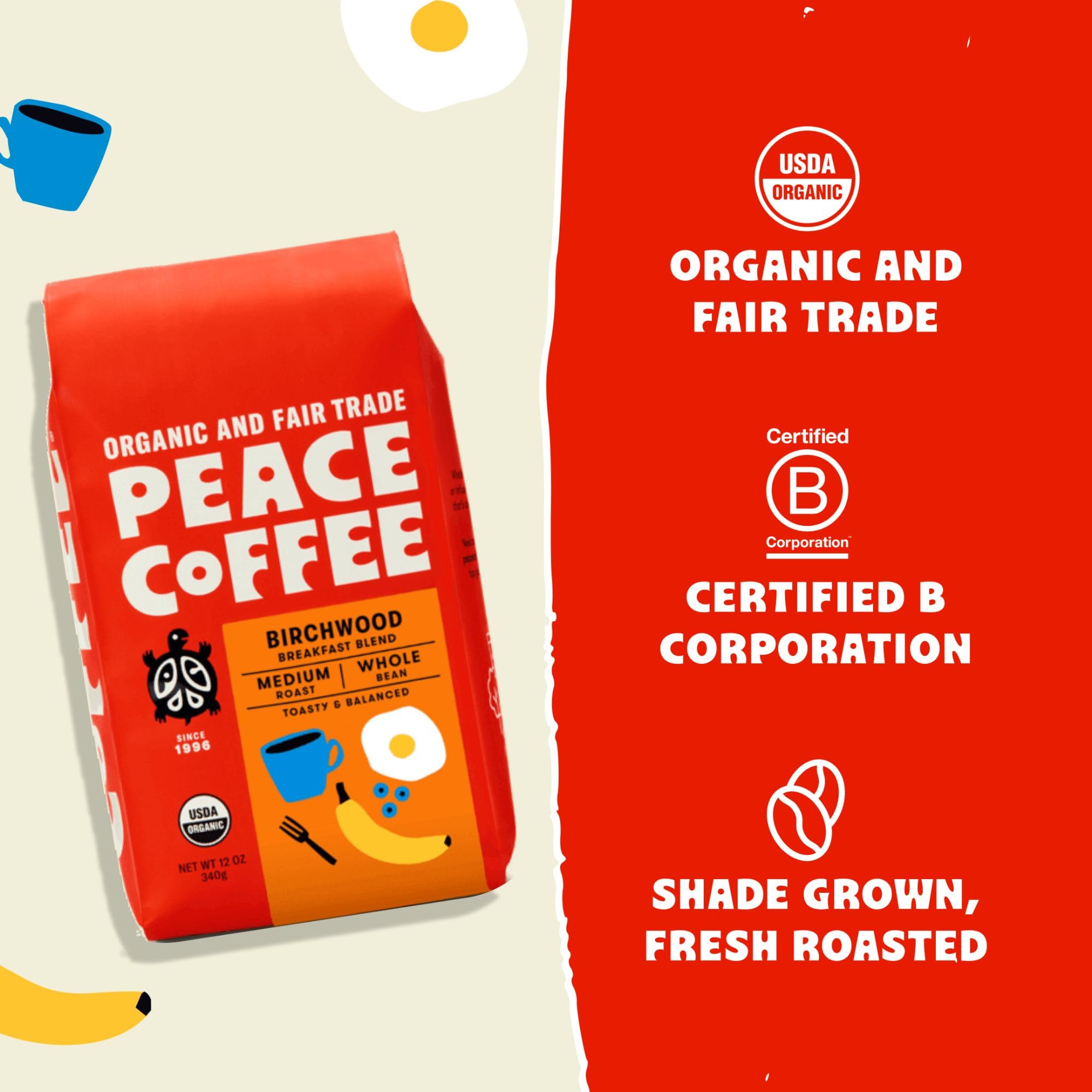 Peace Coffee Birchwood Breakfast Blend | 20 oz Ground Medium Roast | Organic Fair Trade | Smooth, Mild Flavor | Shade Grown, Fresh Roasted