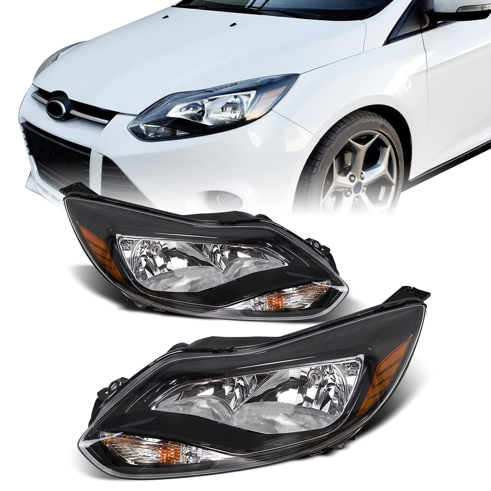 JMTAAT New Pair Amber Headlights Compatible with 2012-2014 Ford Focus Driver Left+Passenger Right Headlamps w/Bulbs Replacement For FO2503299 FO2503298