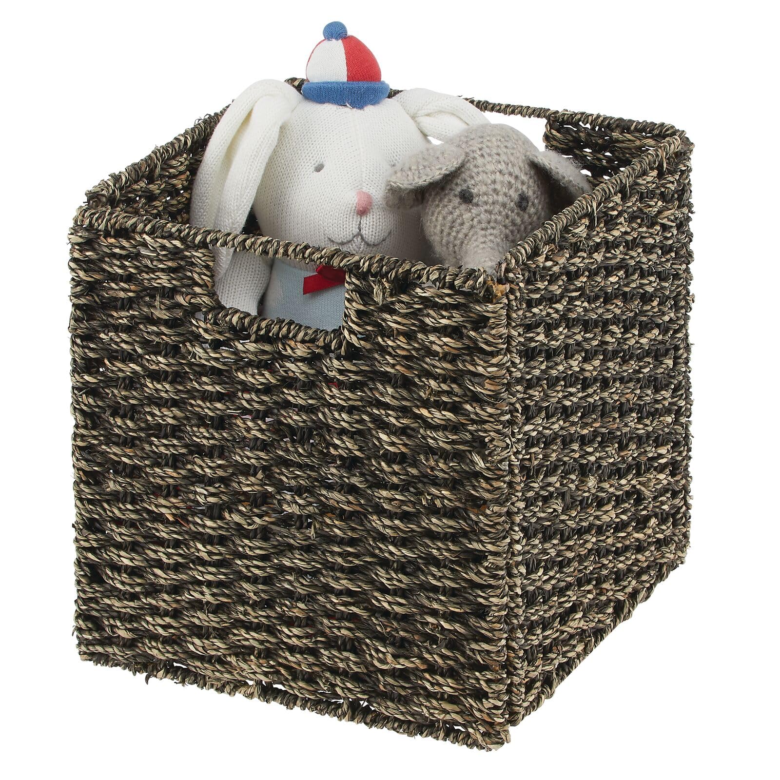 mDesign Seagrass Woven Cube Basket Organizer with Handles - Storage for Bedroom, Office, Living Room, Bathroom, Perfect for Cubby Storage Units - Hold Blankets, Magazines, Books - 4 Pack - Black Wash