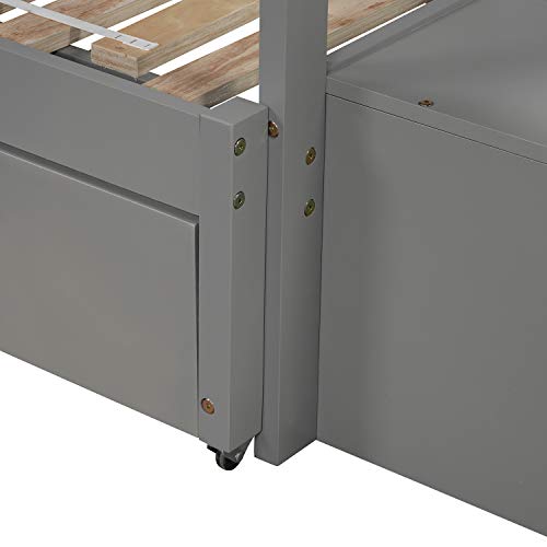 Twin Over Twin/King Bunk Beds with Trundle, New Version Wooden Bunk Beds with Storage Drawers and Stairs, Extendable Pull-Out Bunk Bed, Convertible to Twin Over King Bunk Beds (New, Grey)