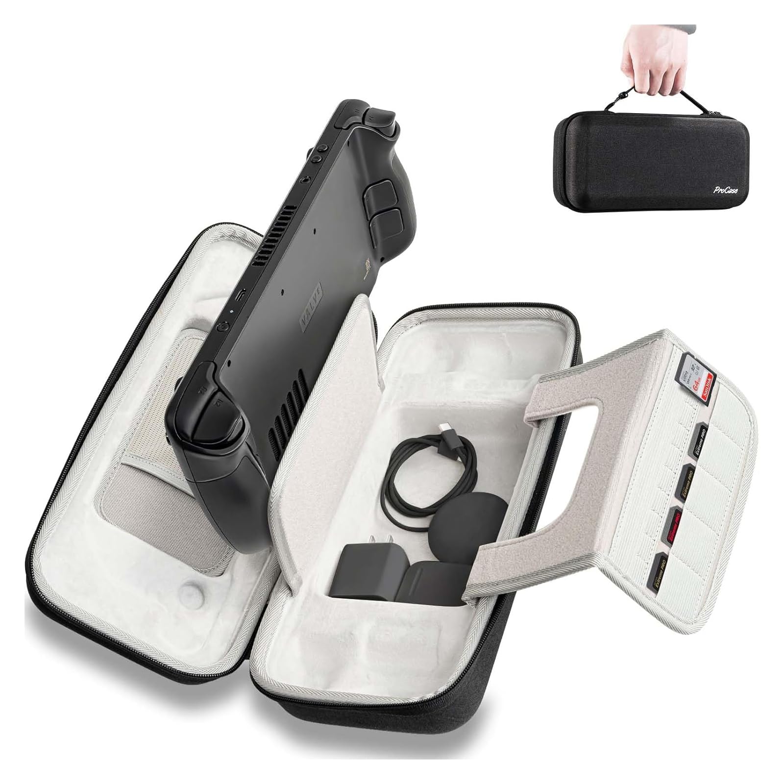 ProCase Steam Deck Carrying Case, Hard Travel Protective Case Large Storage Shell for Steam Deck Console SD Card AC Charger and Other Accessories with Stand and Handle -Black