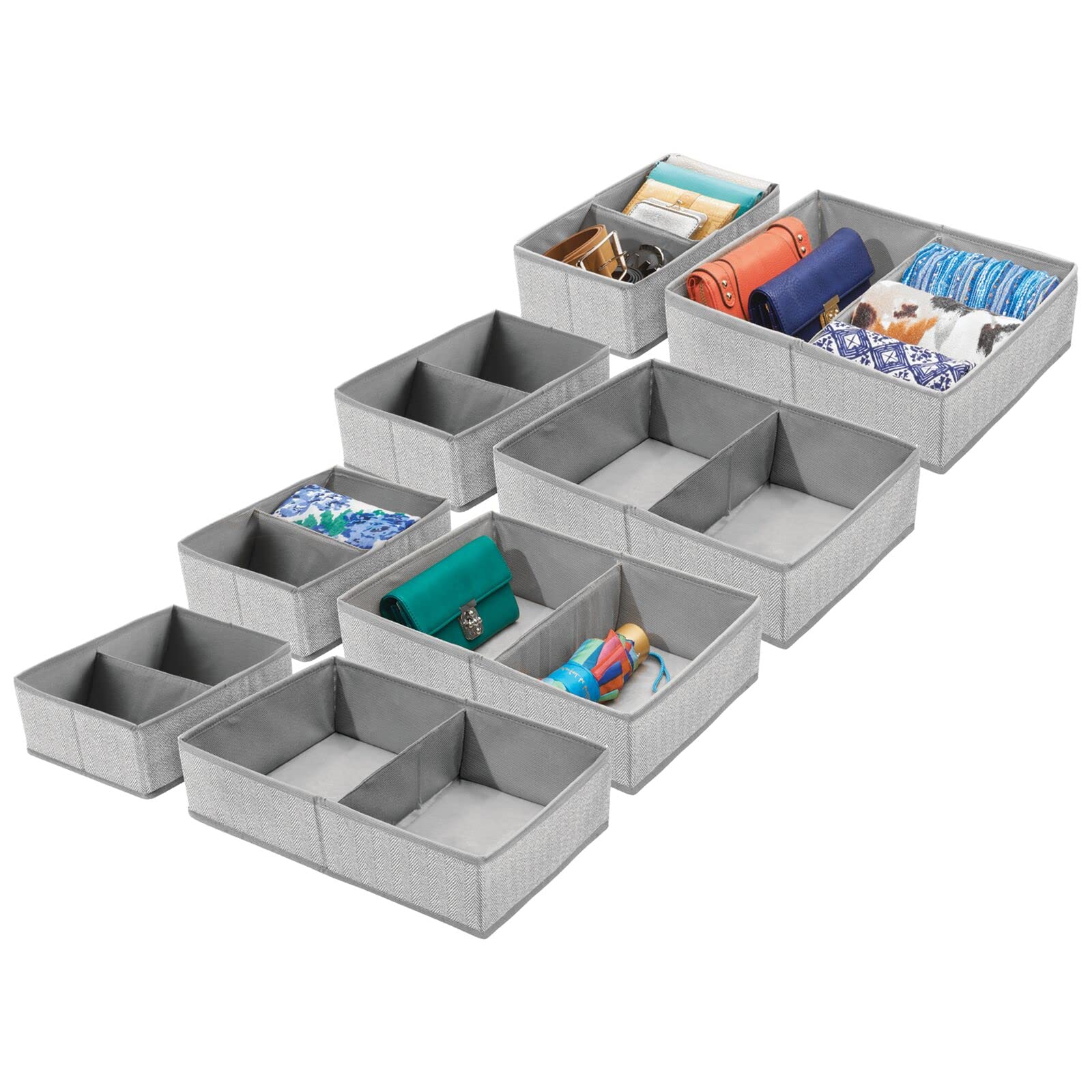 mDesign Soft Fabric Dresser Drawer and Closet Storage Organizer Bin for Bedroom - Holds Lingerie, Bras, Socks, Leggings, Clothes, Purses, Scarves - 4 Pack - Gray Herringbone