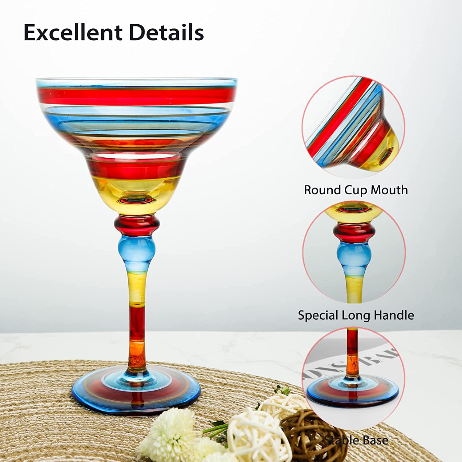 Painted Margarita Glass, Mexican Collection Stemless Margarita Glasses Cup Set Unique/Decorative Hand Blown Glassware Margarita Glasses,D