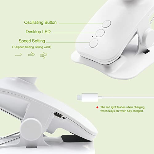 VOLLUCK Stroller Fan Clip on Rechargeable Battery Operated Portable Small Mini Fan with LED Light, 2000mA Long Lasting Handheld Powered Fan on for Baby, Travel, Indoor, Car Seat