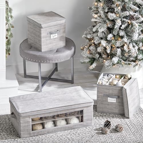 mDesign Square Fabric Christmas Storage Box with Handles - Holiday Decor Storage Bin with Lid and Label Space - Foldable Gift Wrap, Bow Container - Lidded Tote for Kids Room, 2 Pack, Striped Taupe/Tan