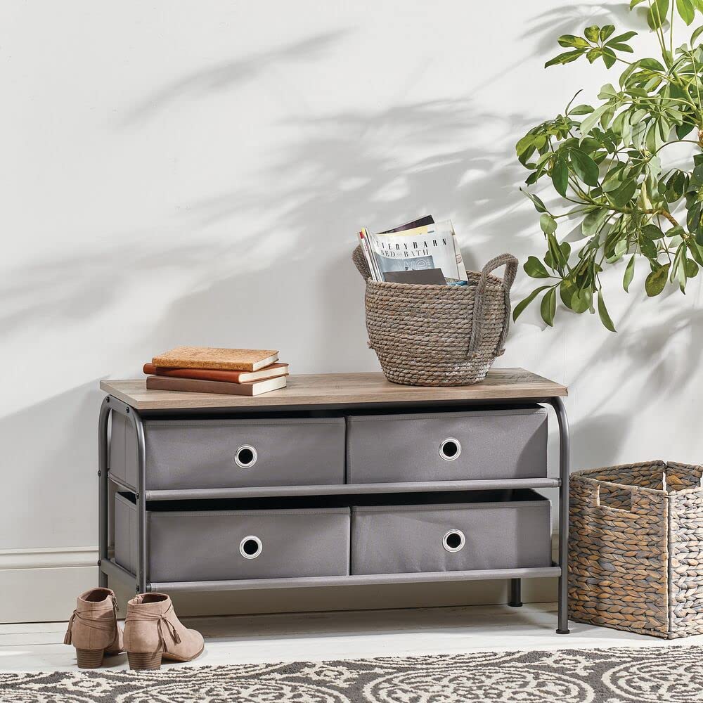 mDesign Storage Bench with 4 Drawers - Sturdy Steel Frame, Wood Top, Easy Pull Fabric Bins - Organizer Unit for Bedroom, Hallway, Entryway, Closets - Dark Gray/Gray