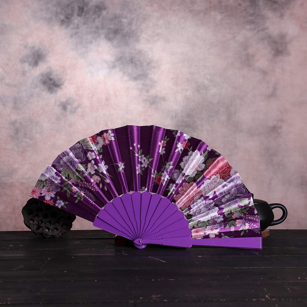 Party Dance Lace Fan Wedding Silk Hand Held Folding Flower Fans Window Fans with Exhaust And Intake (Purple, One Size)