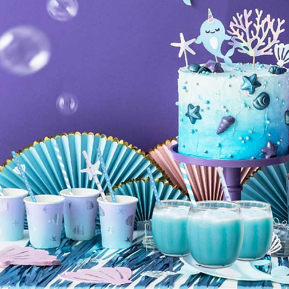 Naturalik 100-Pack Light Blue Biodegradable Paper Straws- Extra Durable- Baby Shower decorations for boy, gender reveal party supplies, birthday party straws, Blue Paper Straws