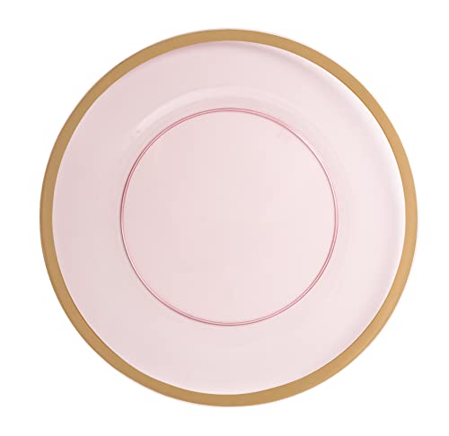 PLASTICPRO Plastic Pro 8 Pack Charger Plates 13 Inch Clear Pink with Gold Rim Plastic Dinner Chargers Heavy Duty Large Serving Platter Reusable Disposable