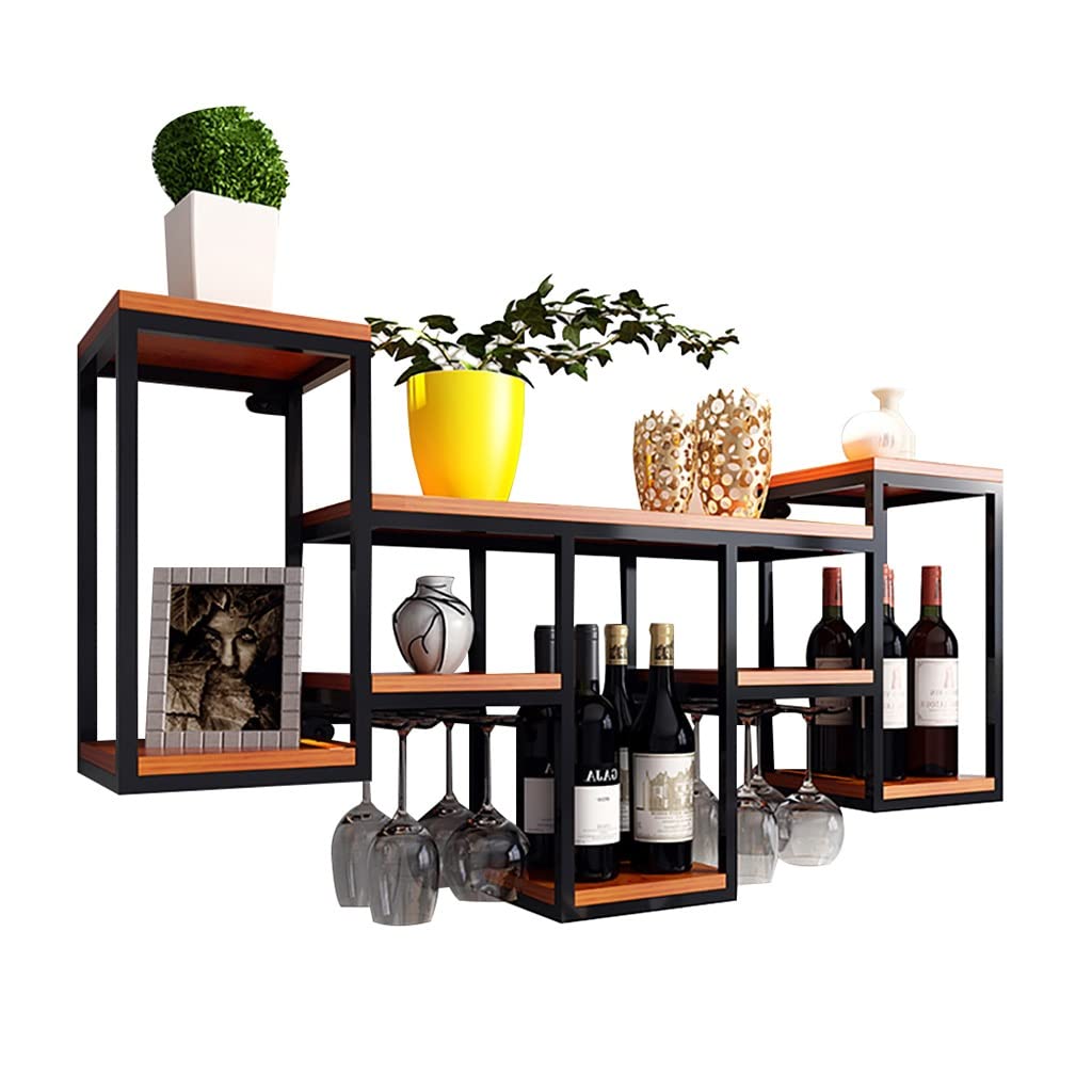 TAUODUYY Wall Mounted Wine Rack, Iron Bracket + Wooden Board Laminate Wall Shelf, with Cup Holder Living Room Backdrop Decorative Hanging Cabinet, Simple Display Shelf ( Color : C )
