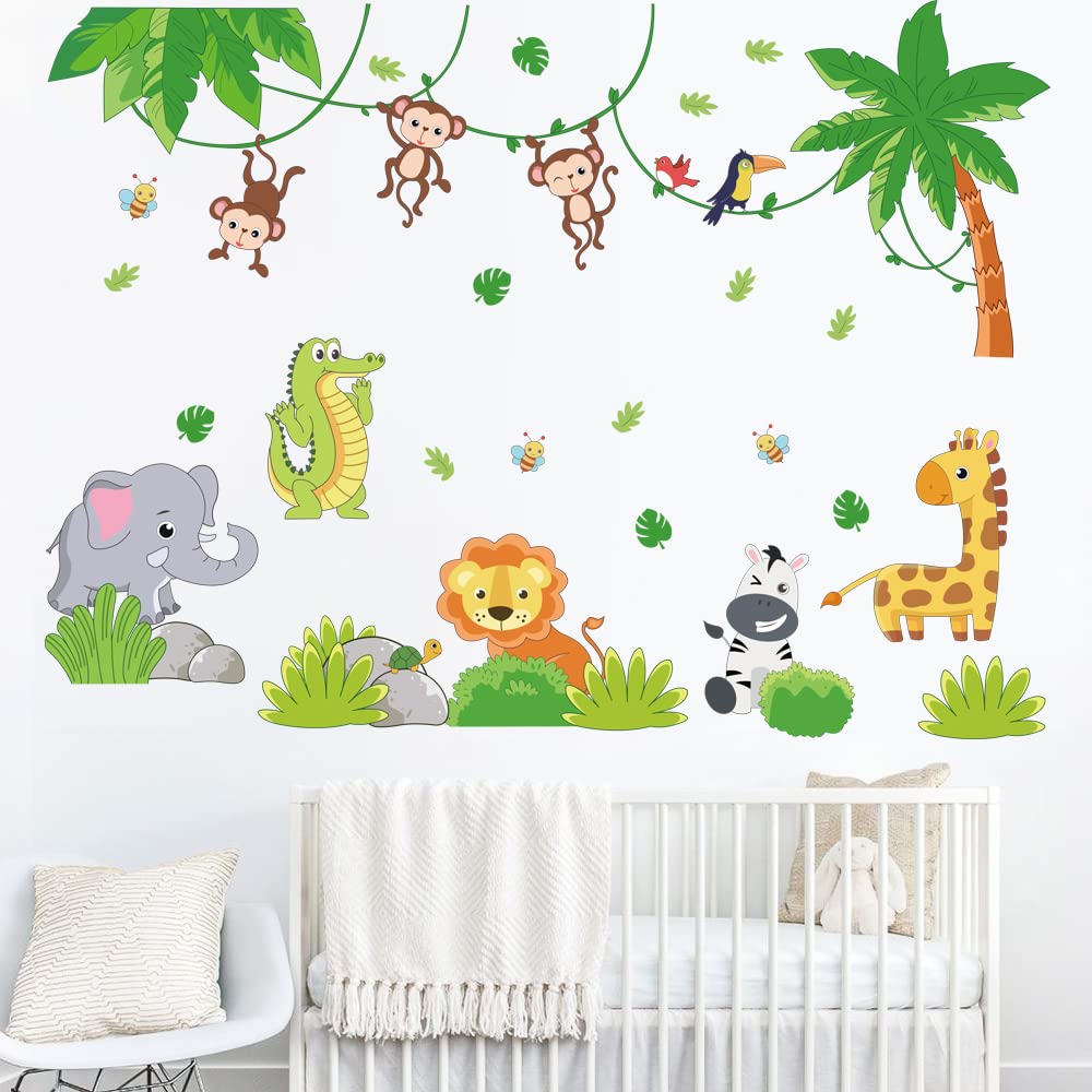 Runtoo Jungle Animal Wall Decals Monkey Elephant Giraffe Wall Stickers for Kids Bedroom Baby Nursery Wall Decor