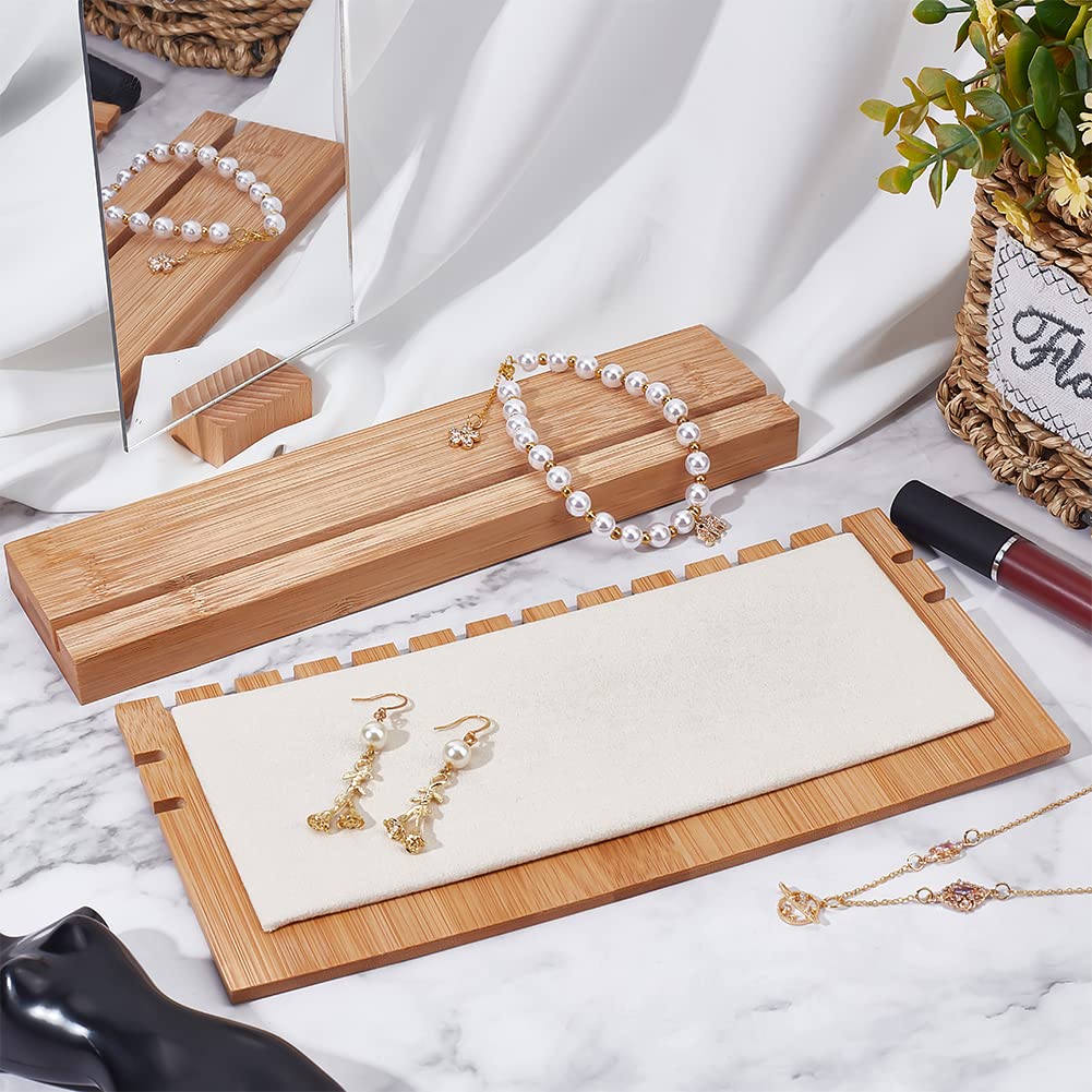 NBEADS Bamboo Necklace Display Stands, Jewelry Tabletop Display Board Stand Tray Showcase Rack with Old Lace Microfiber L-Shaped for Necklaces Rings Earrings Bracelets Jewelry