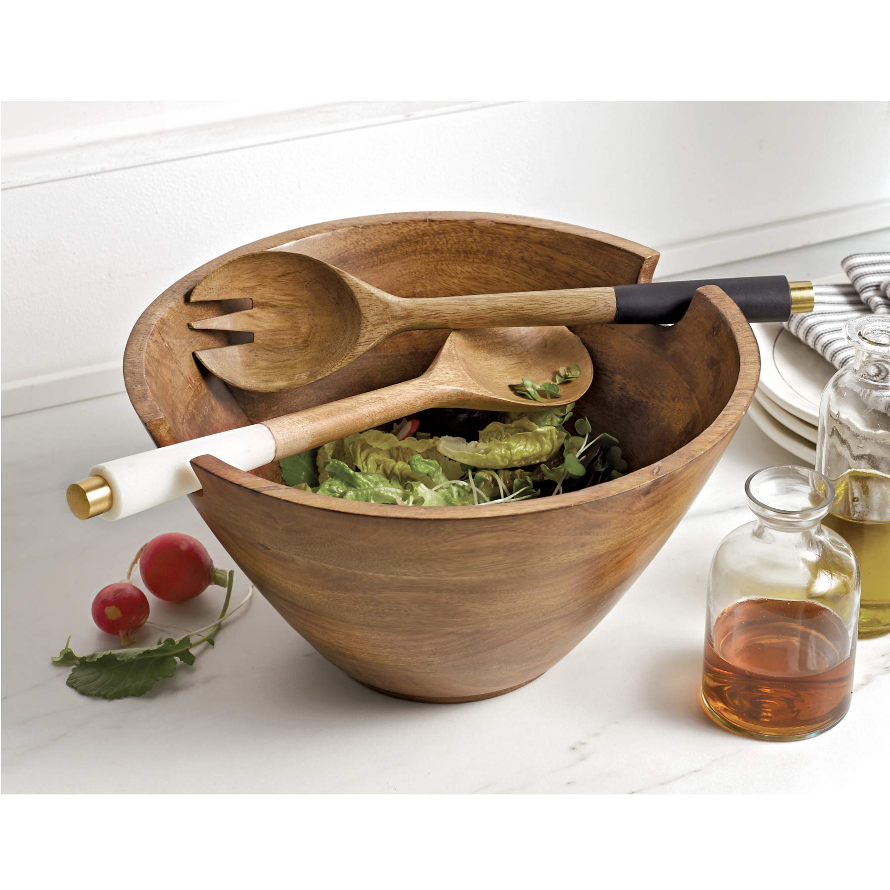 Mud Pie Farmhouse Inspired Wooden Serving Utensils Salad Bowl Set, Brown