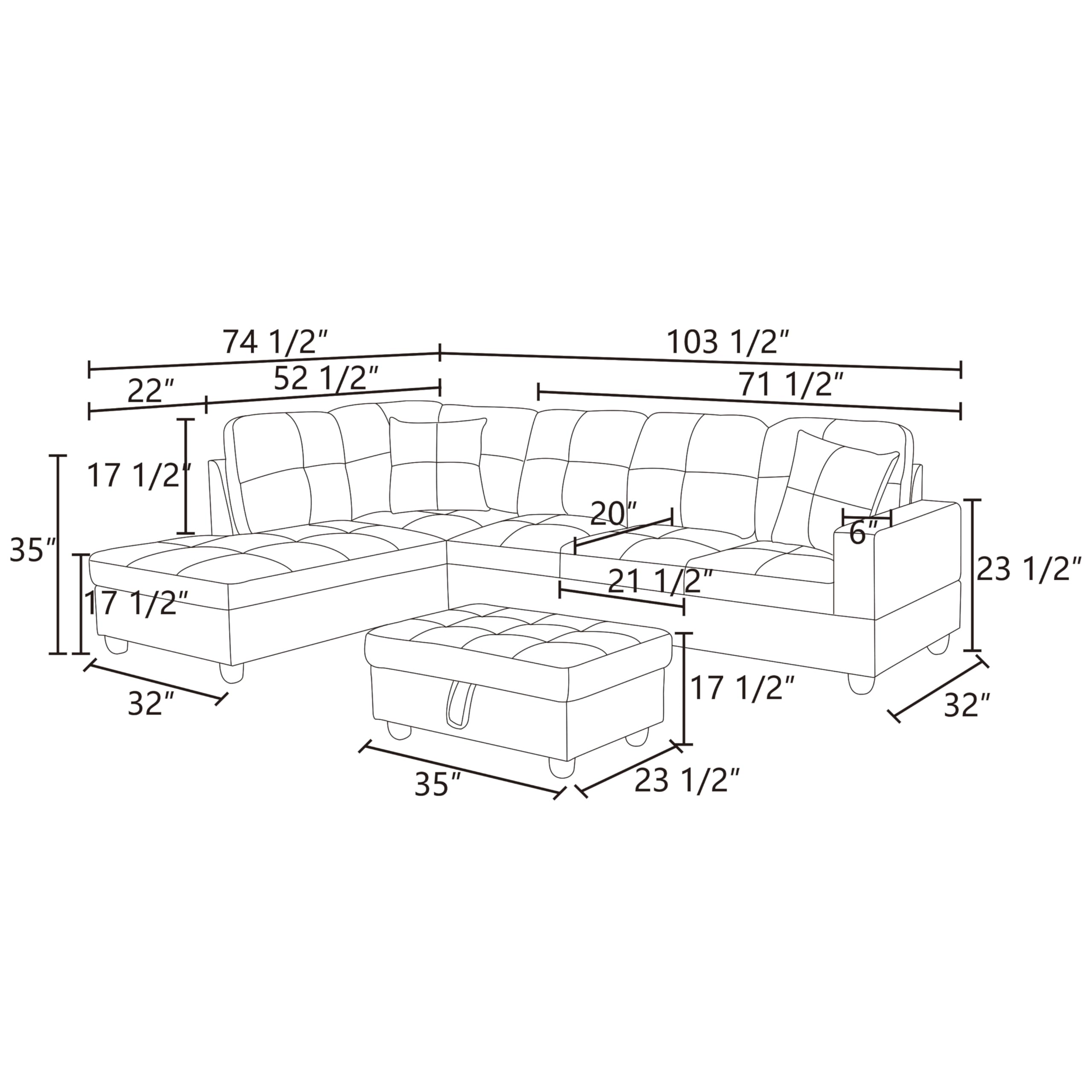 TABBC 103 Inch Modern L Shaped Sectional Sofa Set with Storage Ottoman, Left Facing Chaise Longue, Reversible Backrest w/ 2 Cup Holders, Linen Tufted Cushions, for Living Room, Grey