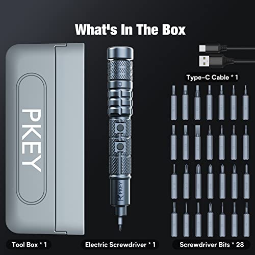 PKEY Cordless Electric Screwdriver Set, Mini Electric Screwdriver, 28 Magnetic Bits, 3 Gears Torque, Two batteries,Rechargeable Portable Repair Tool Kit for Electronics Laptops Clocks Glasses Camera