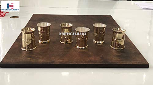 Nautical-Mart Brass Tequila Shot Glass with Anchor Monogram in Handmade Wooden Box β Six Glass Set