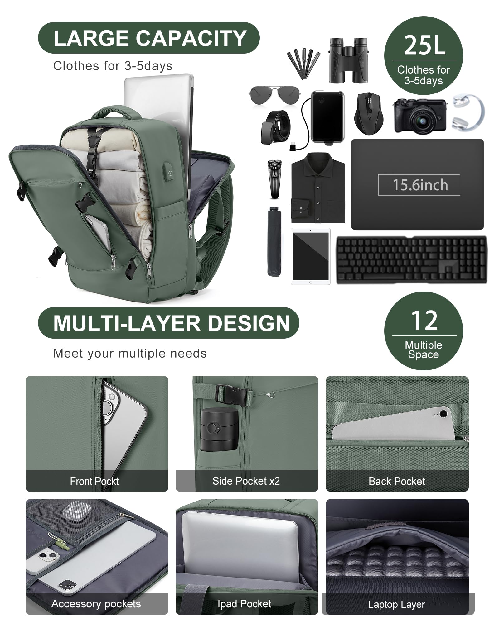 Large Travel Backpack for Women Carry On Airline Flight Approved Expandable Work Personal Item size Backpack Bag with Laptop compartment for College Men Waterproof Hiking Mochila de Viaje Black