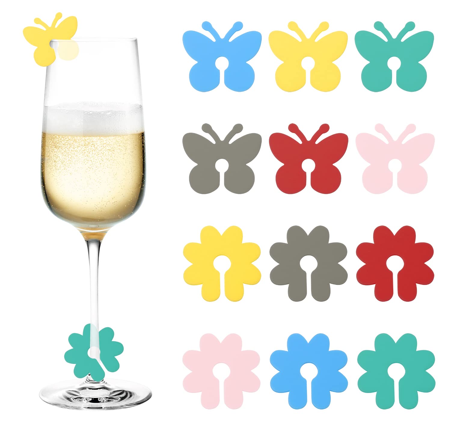 PENTA ANGEL Wine Glass Marker 12Pcs Reusable Silicone Colorful Butterfly & Flower Drink Wine Cup Bottle Identifiers Label Tag for Bar Party Champagne Flutes Cocktails Martinis Tasting