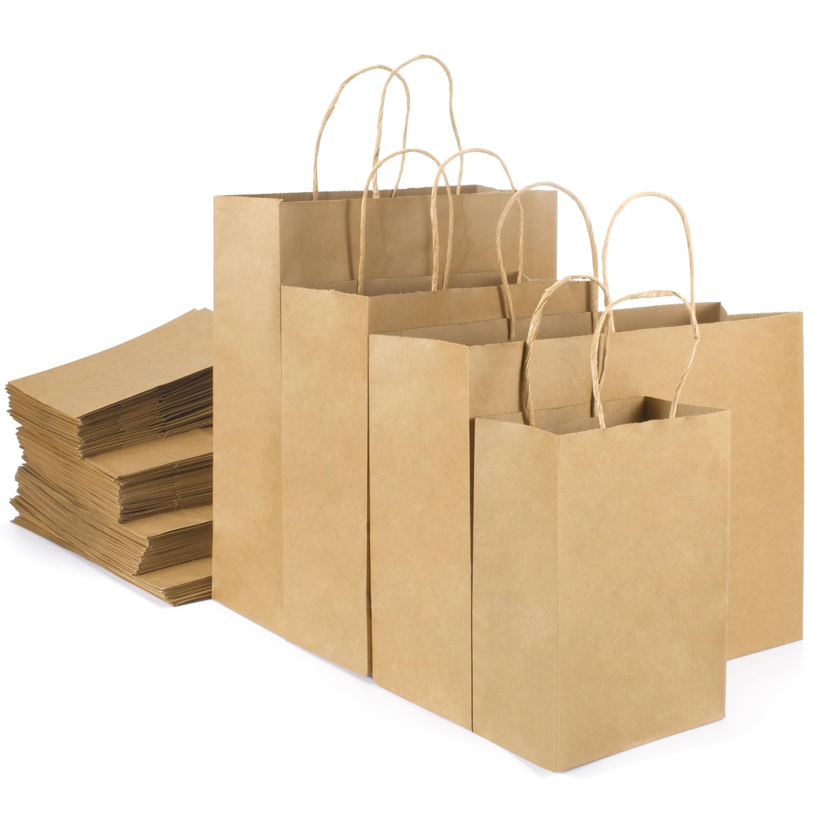 woric 120 PCS Brown Paper Bags with Handles, Large Gift Bags 4 Assorted Sizes Bulk Paper Bags for Christmas Gifts Small Business Retails Shopping Stocking Stuffers